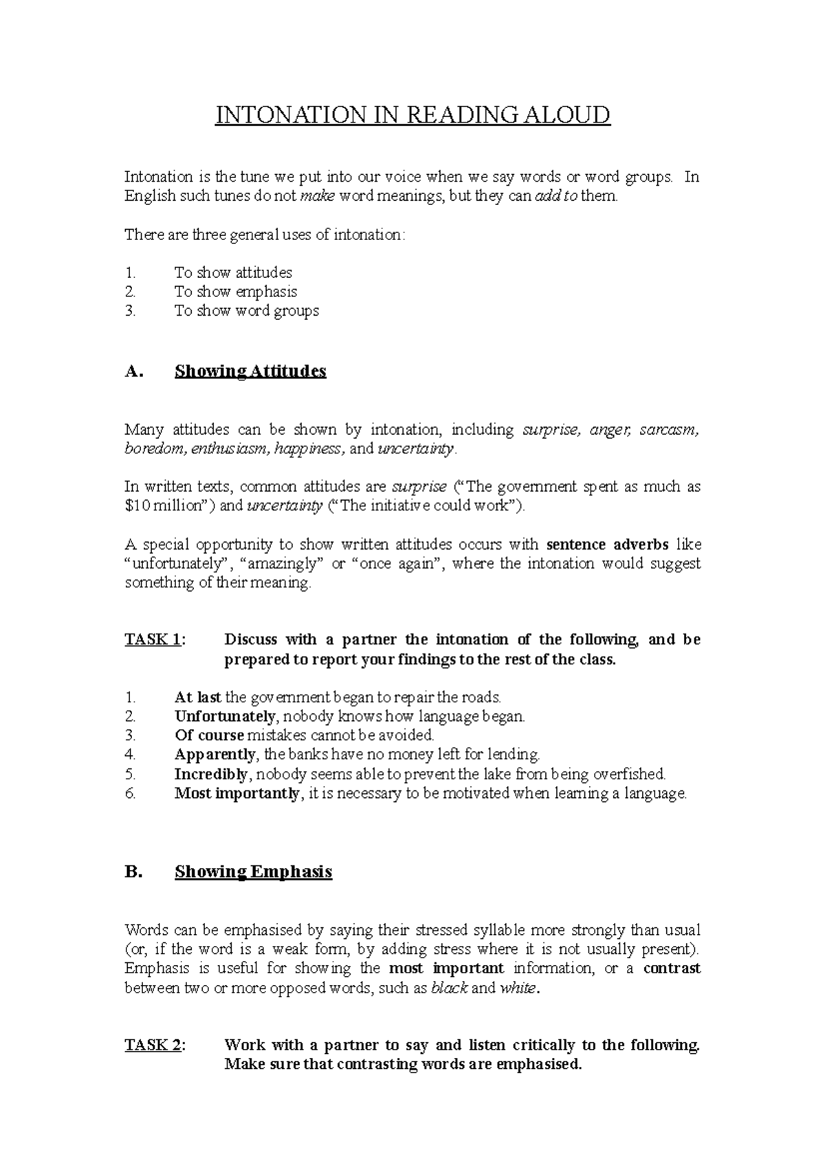Intonation of Spoken English - INTONATION IN READING ALOUD Intonation ...