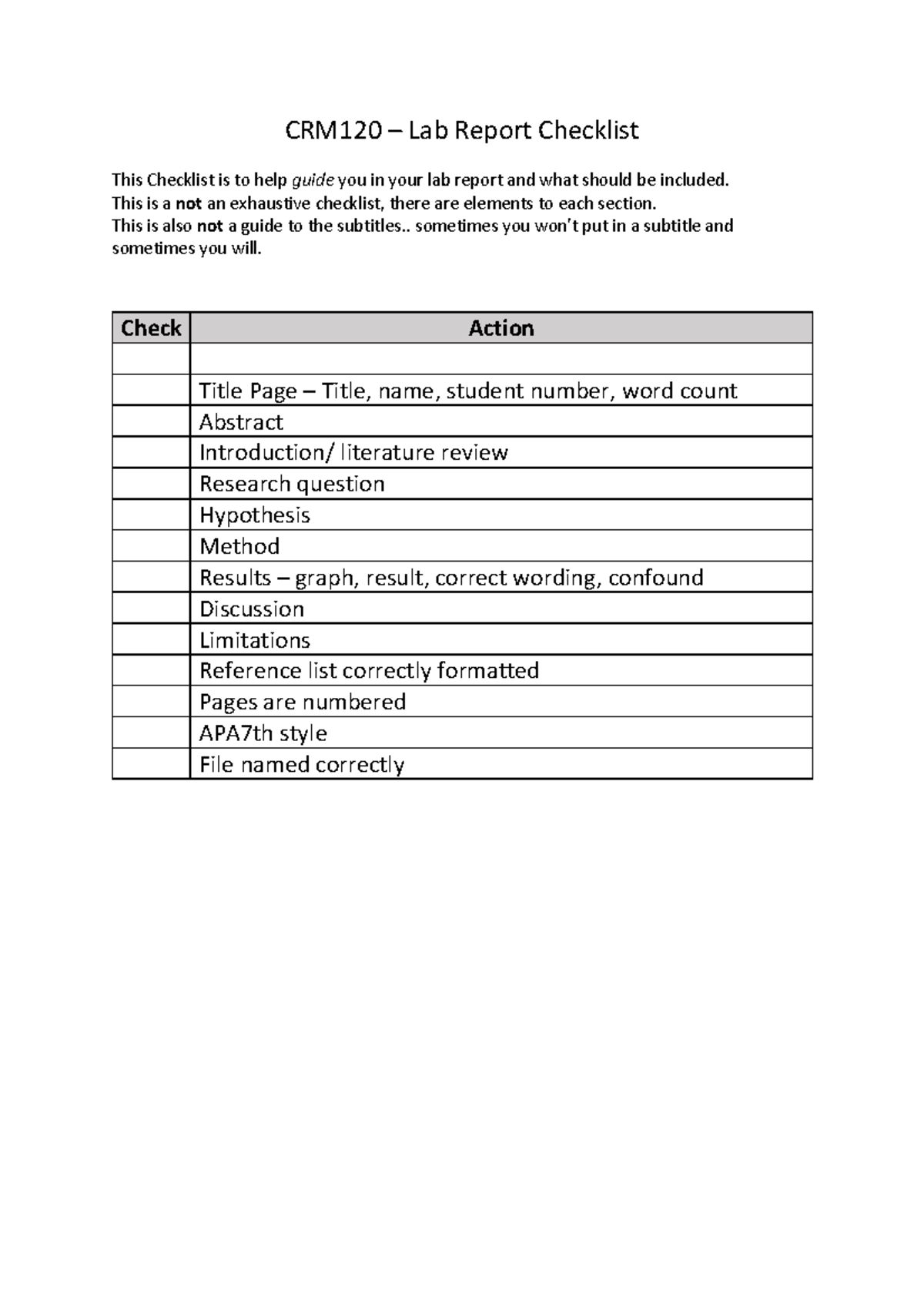 Checklist lab report - CRM120 – Lab Report Checklist This Checklist is ...