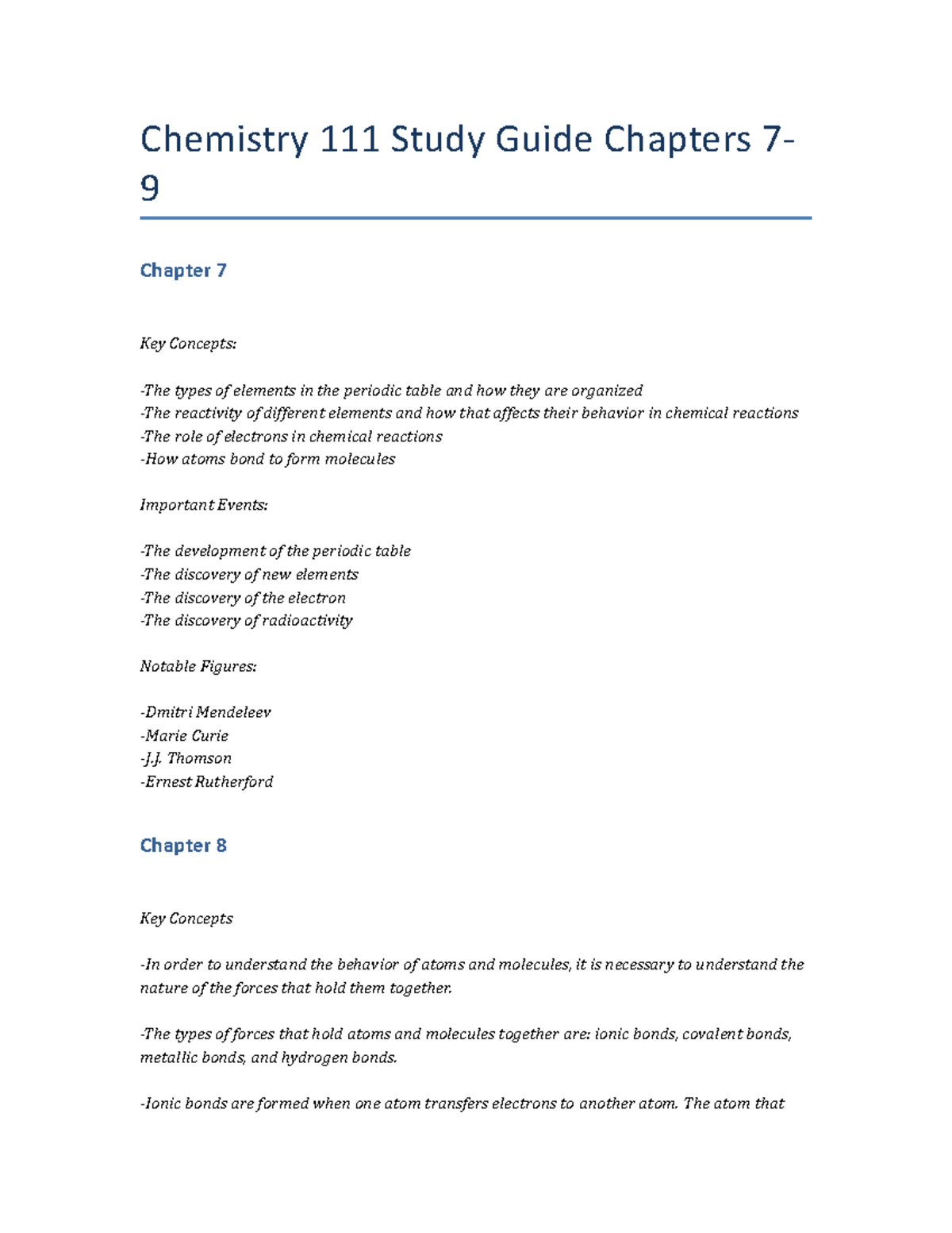 Chemistry 111 Study Guide Chapters 7-9 - Thomson -Ernest Rutherford ...