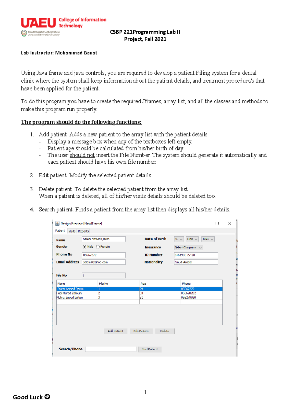 Programming Lab2 Project Csbp 221programming Lab Ii Project Fall 2021 Lab Instructor