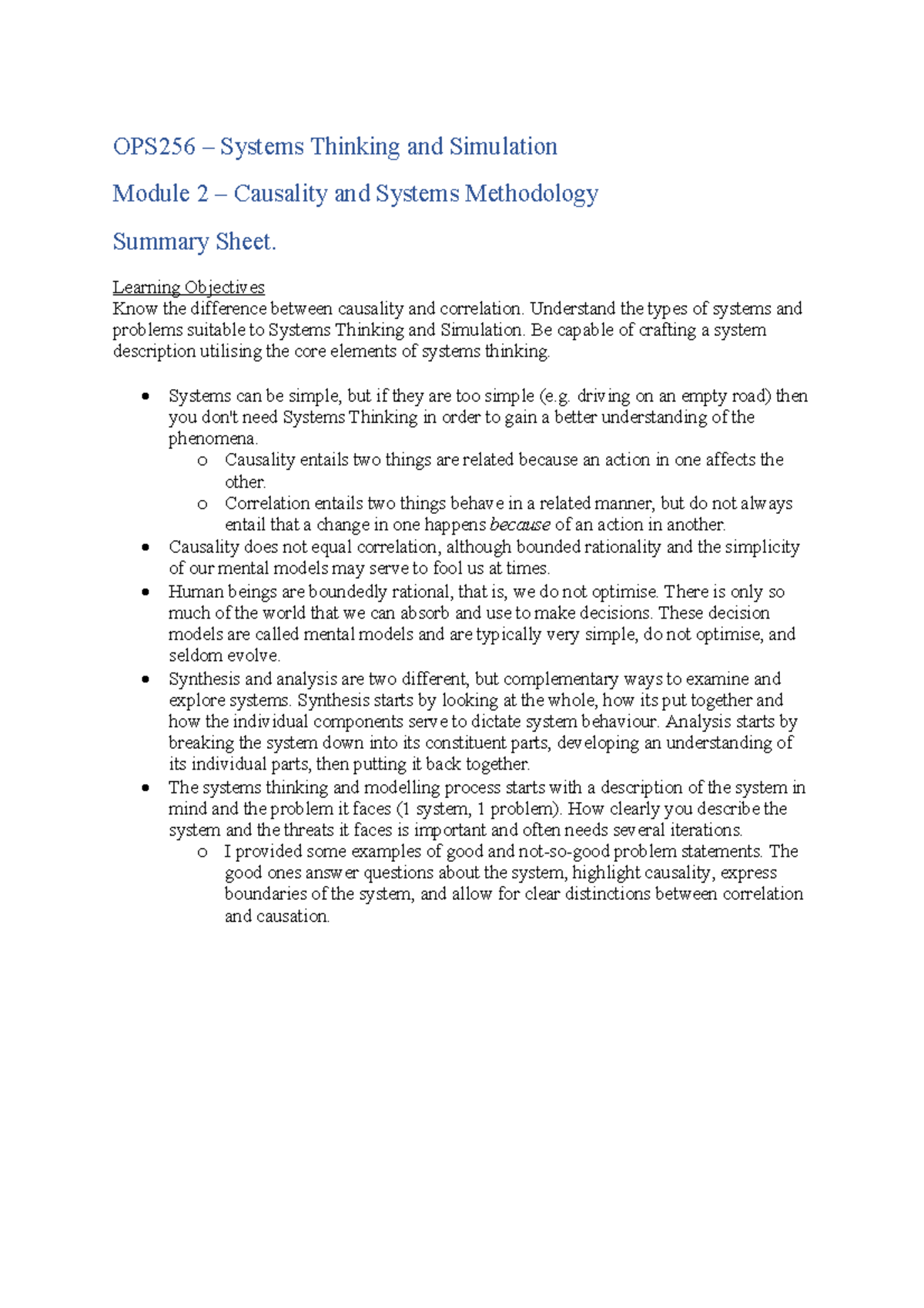 Module 2 Summary Sheet - weekly - OPS256 – Systems Thinking and ...
