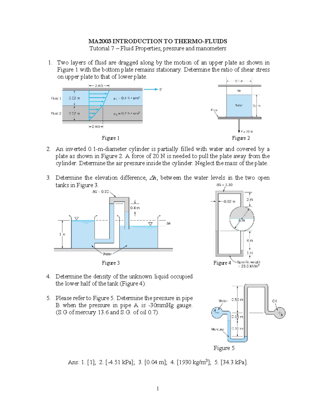 MA2003-Tutorials 7-11 - Tutorial 7 – Fluid Properties, pressure and manometers Two layers of ...