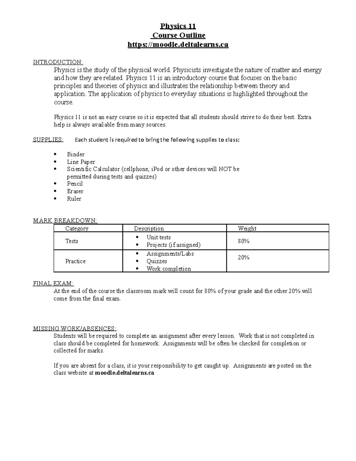 Course outline - physics 11 - Physics 11 Course Outline moodle ...