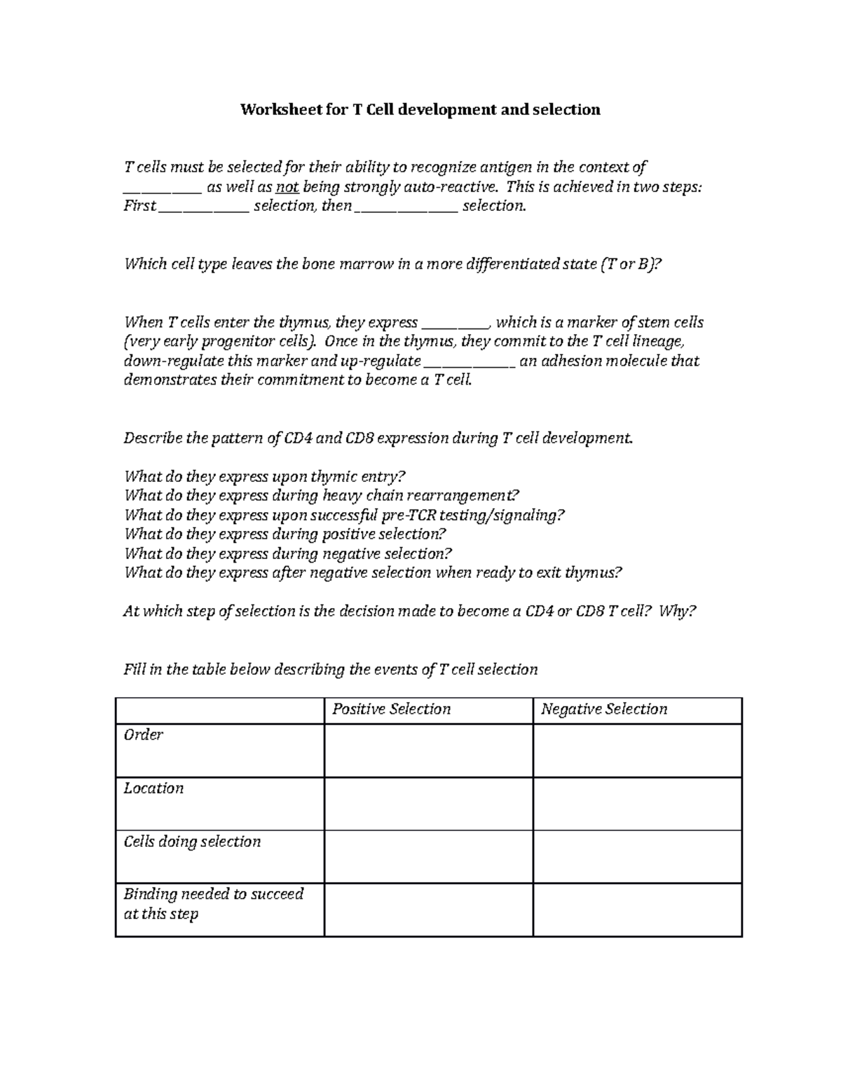 Worksheet for T Cell development and selection - This is achieved in ...