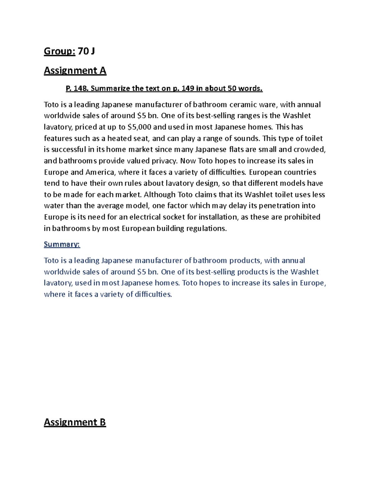 Academic writing 2, Assignment 1 - Group: 70 J Assignment A P. 148 ...