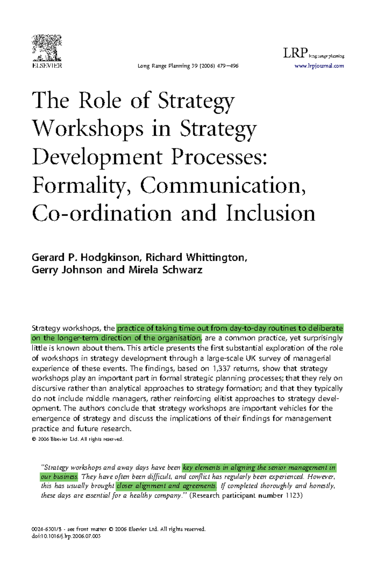 Orsp read 2 - to read for ORSP lecture - The Role of Strategy Workshops ...