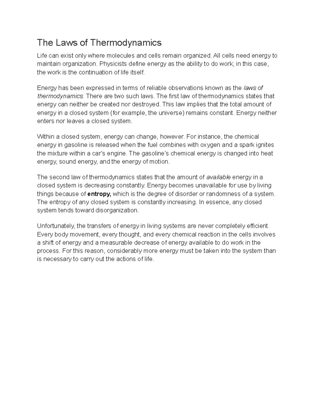 The Laws of Thermodynamics - All cells need energy to maintain ...