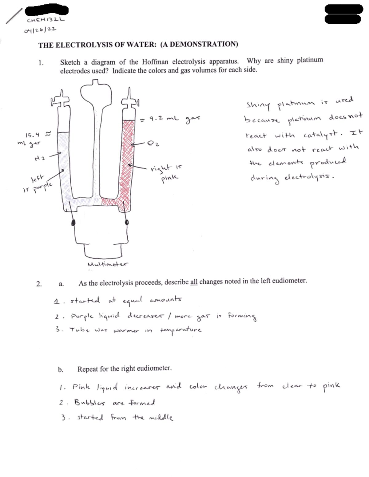 Electrolysis Lab - CHEM132 - Montgomery College - Studocu