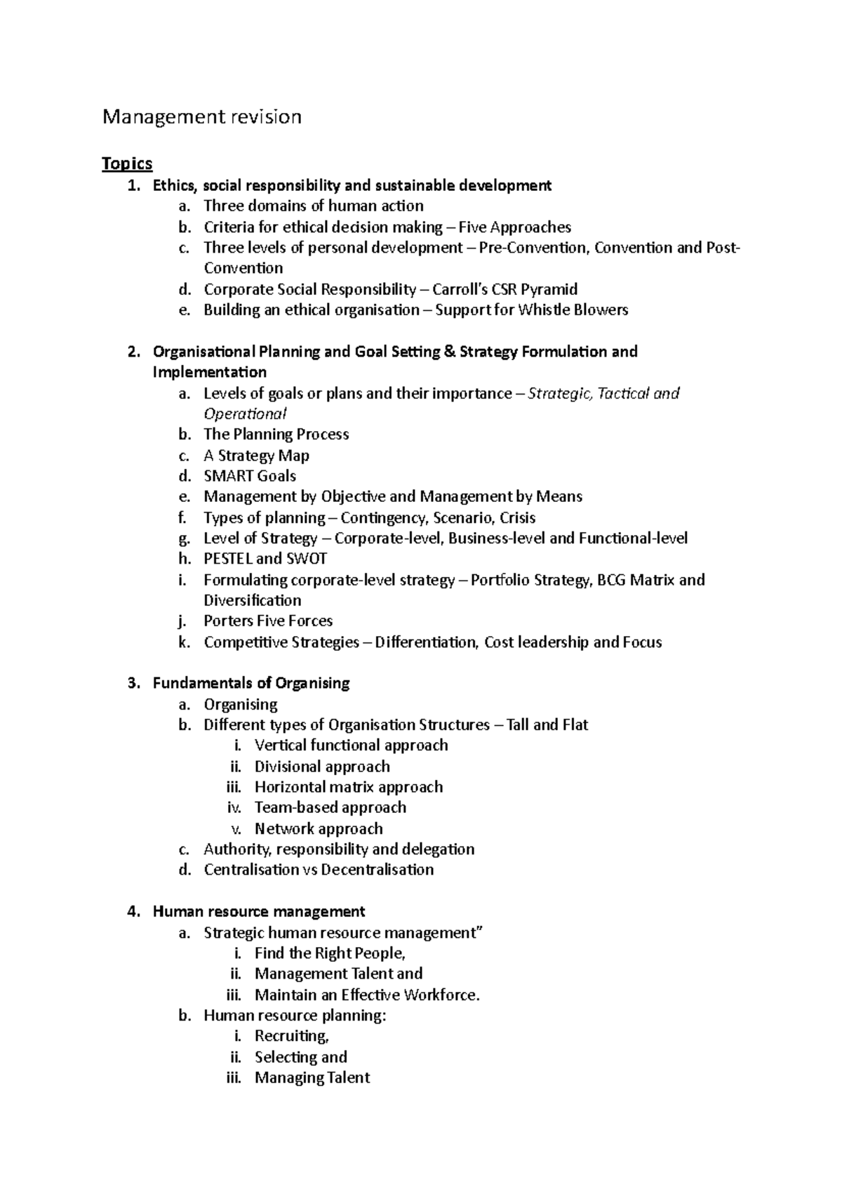 Management revision - Lecture notes 1 - Management revision Topics 1 ...