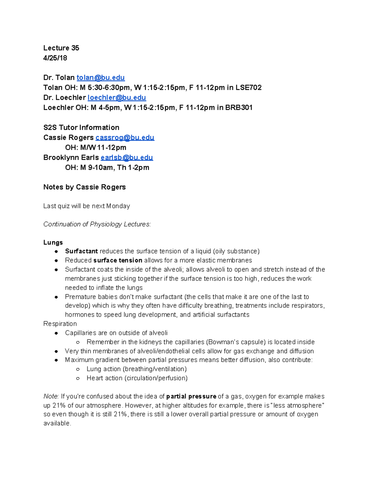 CR Lecture 35 notes - Lecture 35 4/25/ Dr. Tolan tolan@bu Tolan OH: M 5 ...