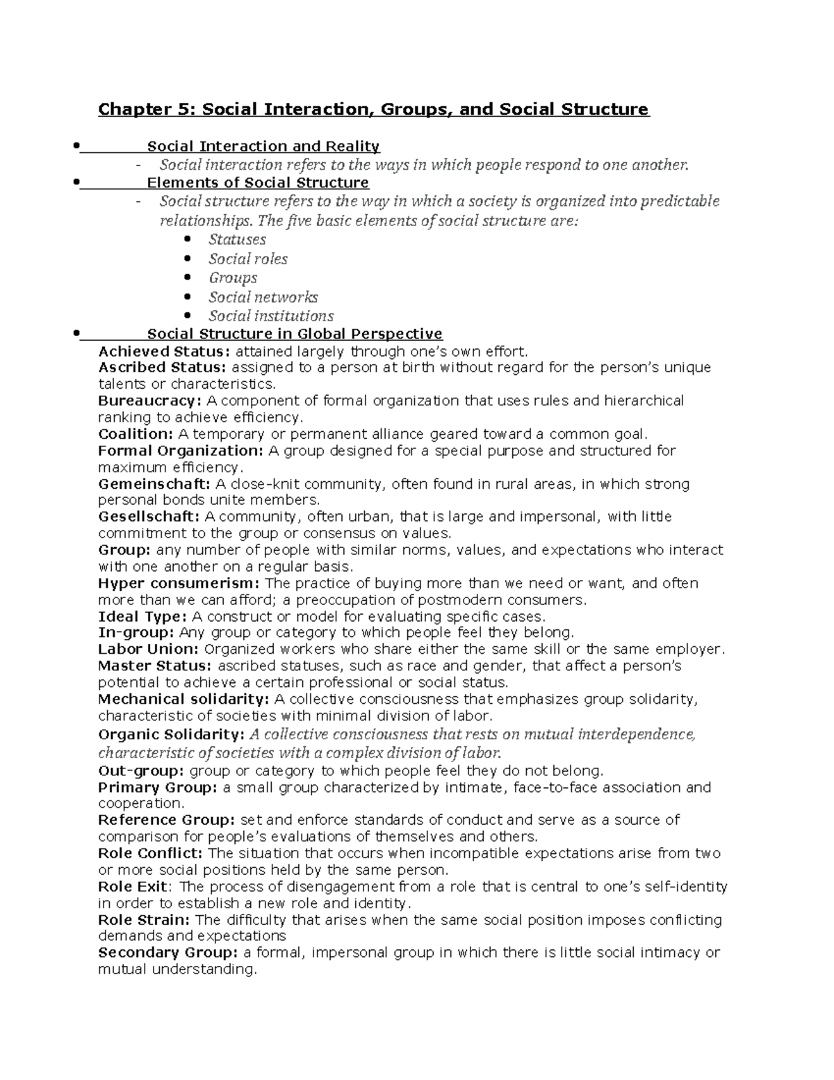 Exam 2 Study guide - Chapter 5: Social Interaction, Groups, and Social ...