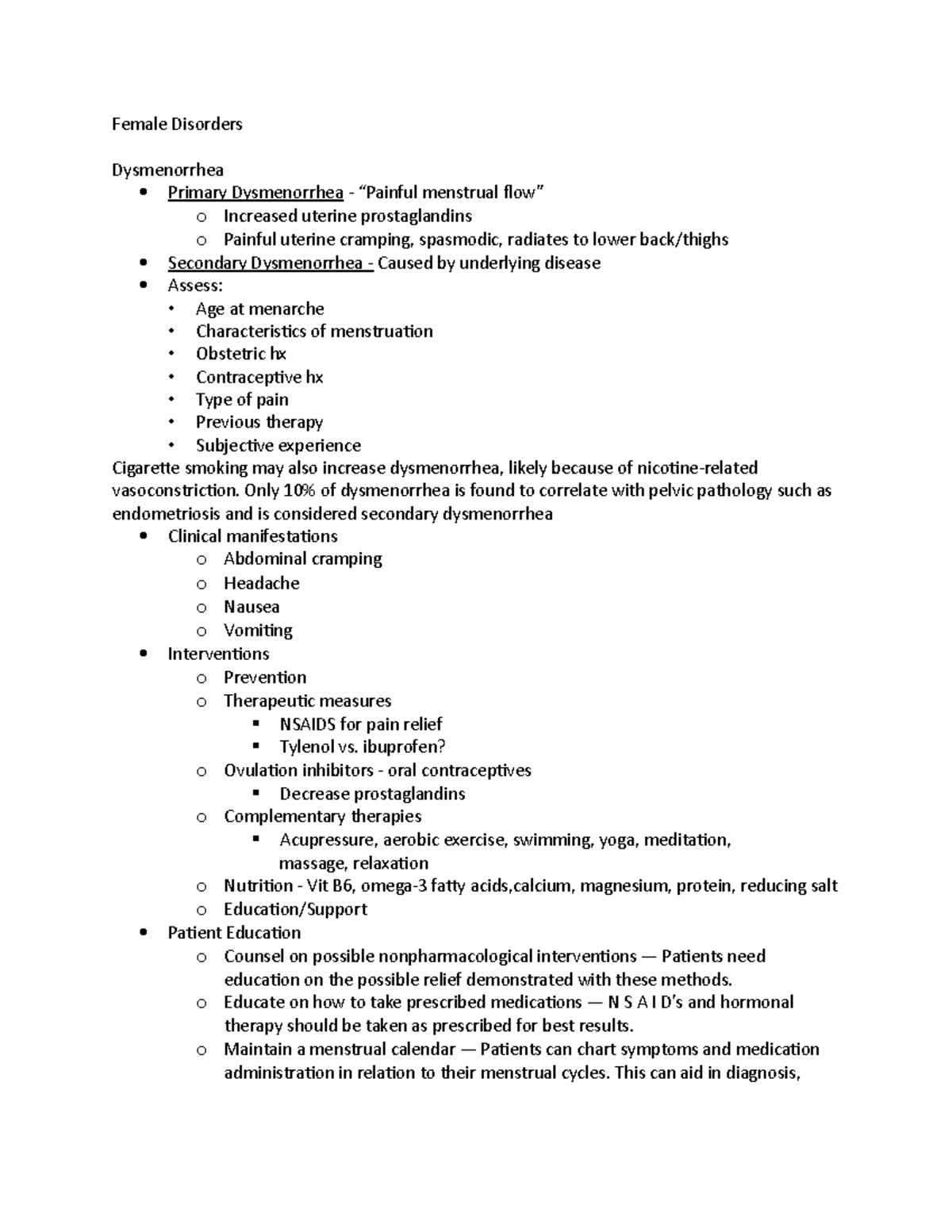 Female Disorders - In class lecture notes. Important test information ...