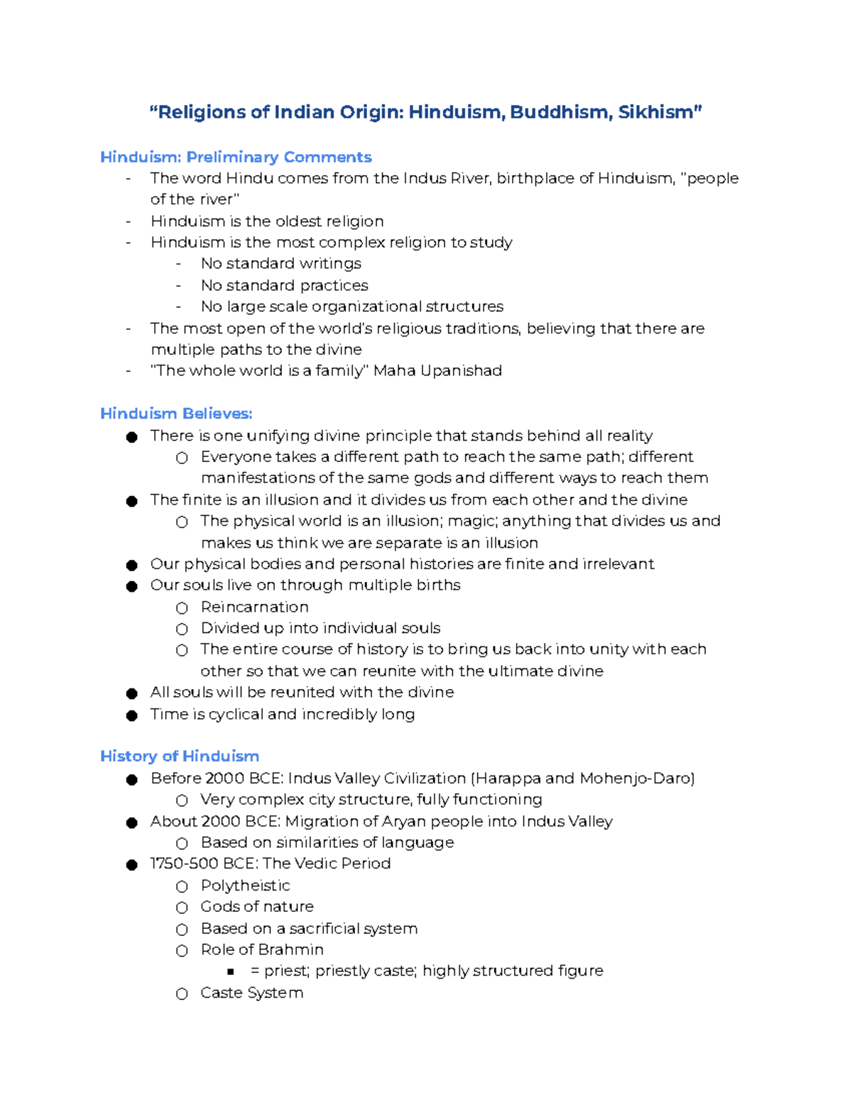 WR Notes TEST 2 - “Religions of Indian Origin: Hinduism, Buddhism ...