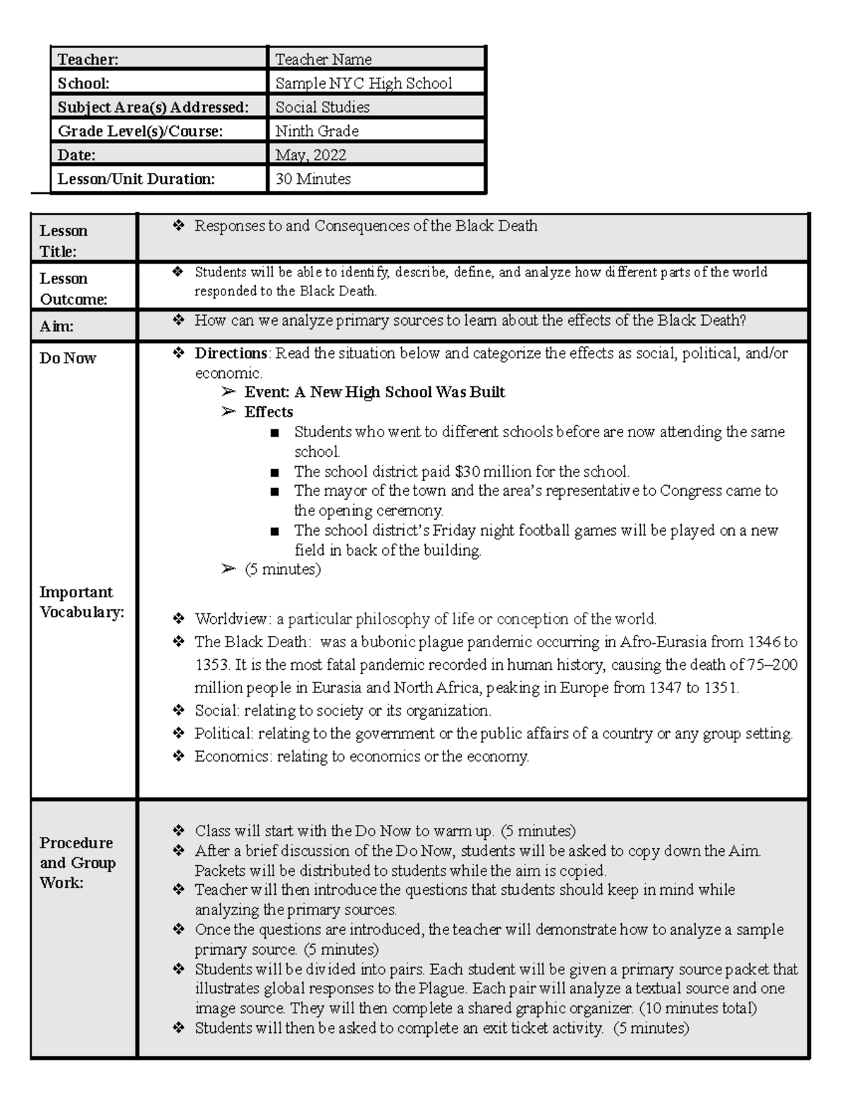 Black Death and Religious Response Lesson Plan - Teacher: Teacher Name ...