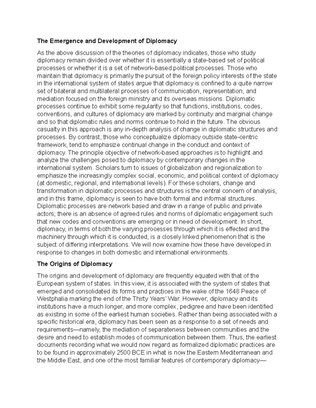 The Emergence and Development of Diplomacy - Those who maintain that ...