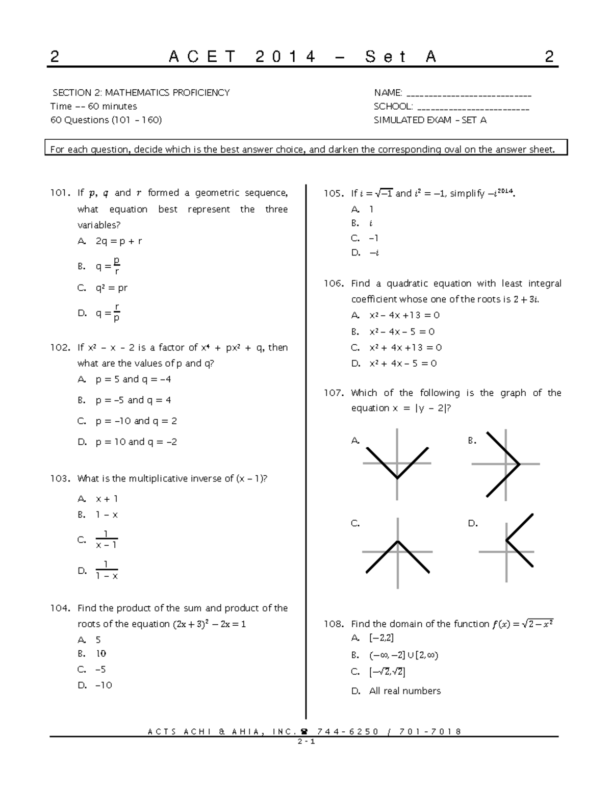 ACET2014 Simulated EXAM - ####### A C T S A C H I & A H I A , I N C. 7 ...