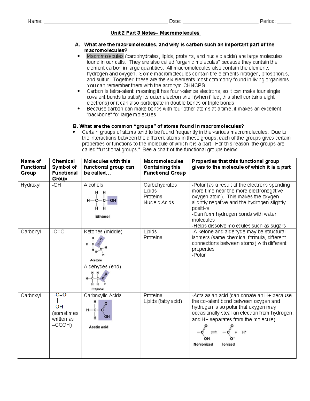 Unit 2 Part 3 Macromolecules Notes - Name ...