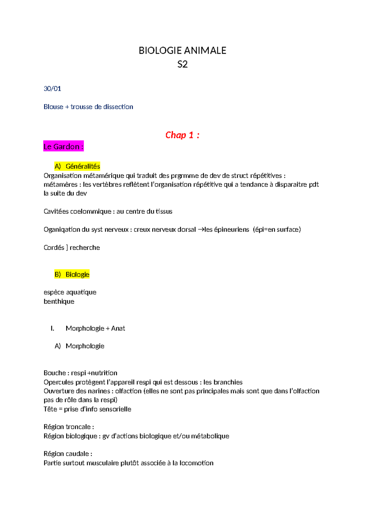 BA C1 - BIOLOGIE ANIMALE S 30/ Blouse + trousse de dissection Chap 1 : Le Gardon : A ...