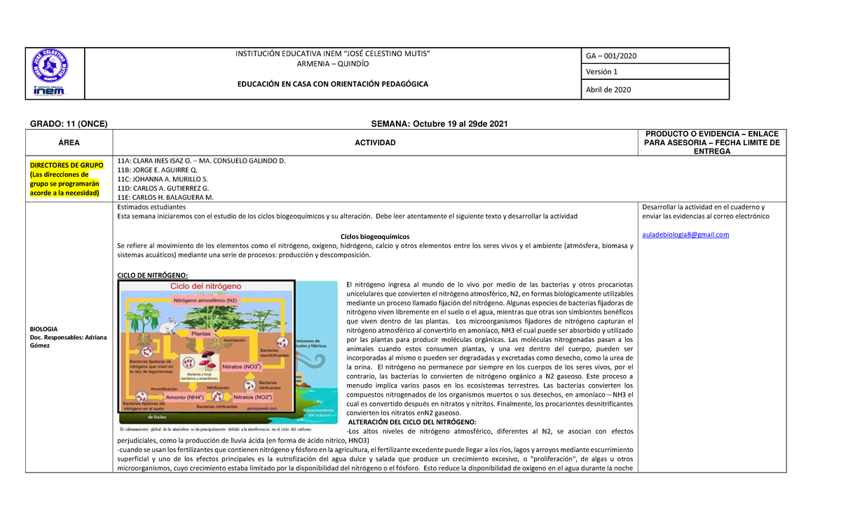 Grado 11 Octubre 19 al 29 planeacion de actividades educacion en ca ...