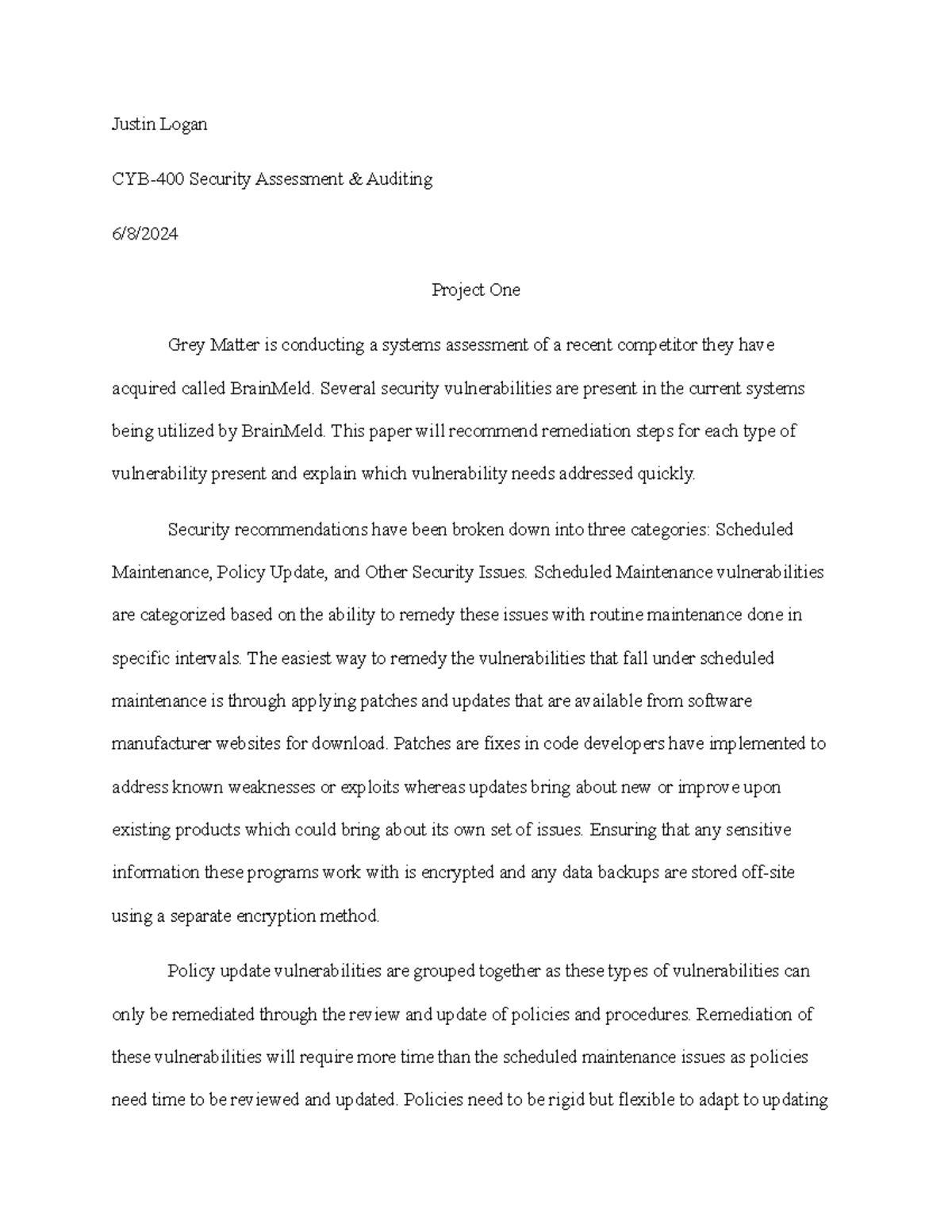Project One CVR Remediation Recommendations - Justin Logan CYB-400 ...