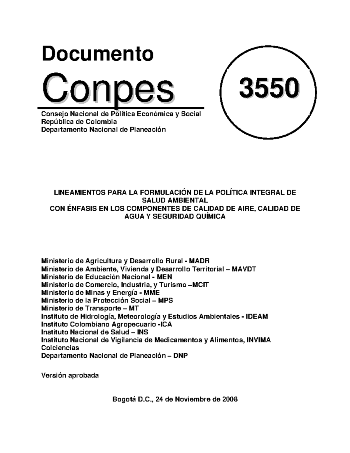 Conpes 3550 DNP Salud Ambiental,2008 - Documento Conpes 3550 Consejo Nacional de y Social de ...