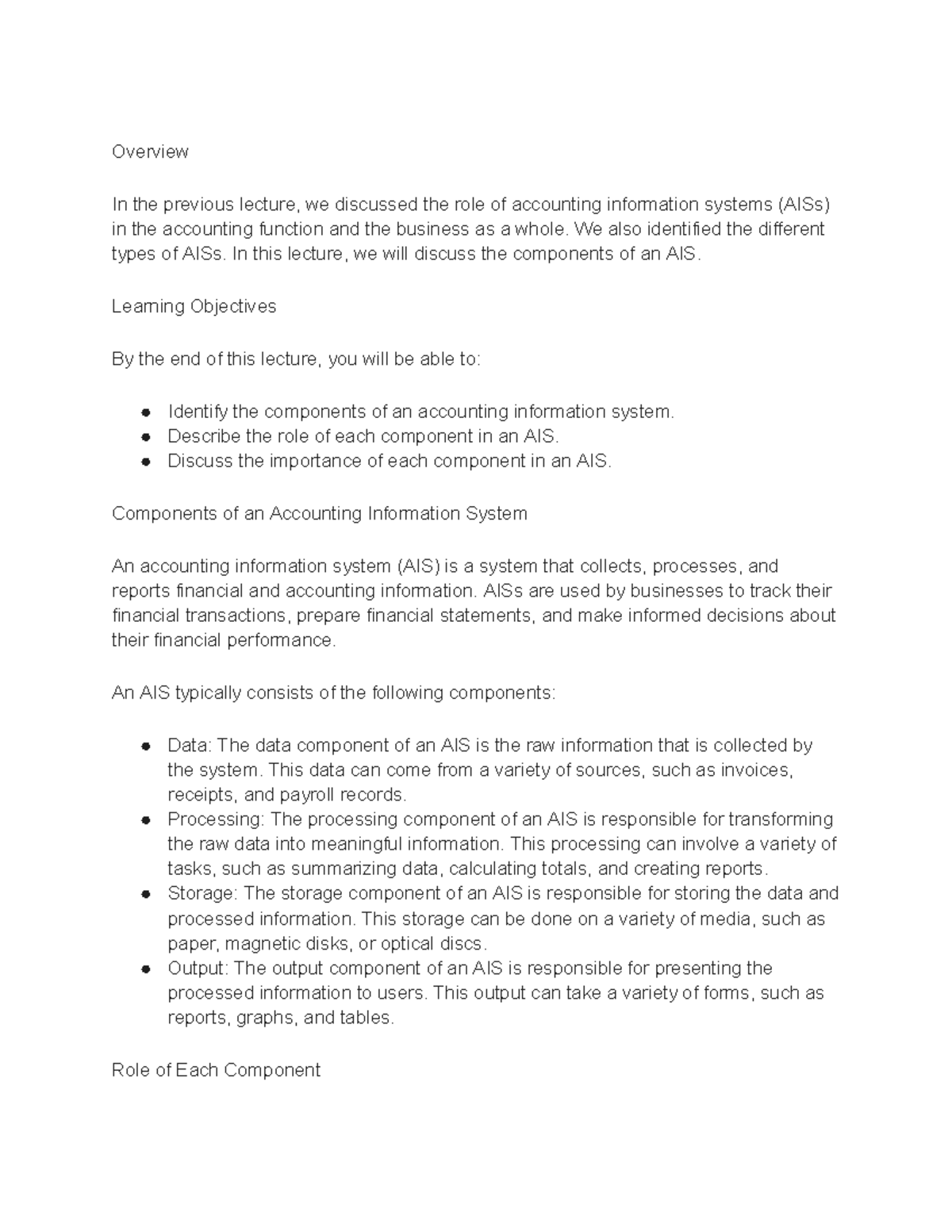 Lecture 2 Components of an Accounting Information System - Overview In ...