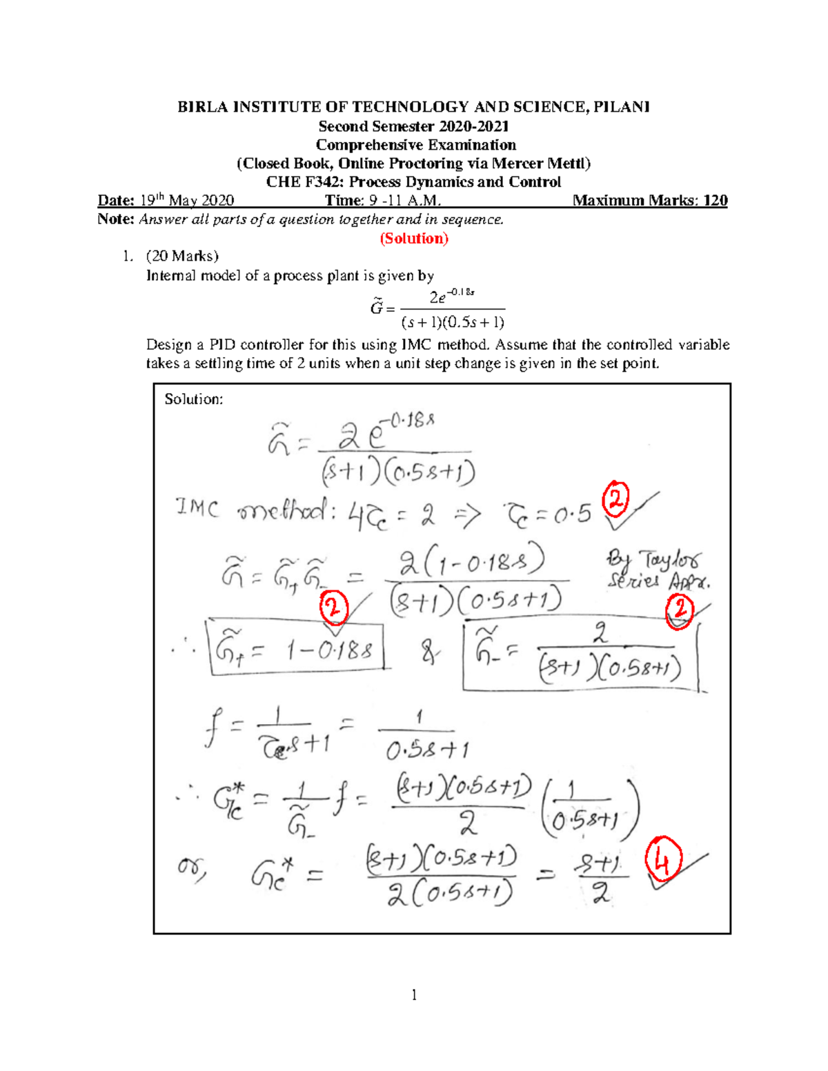 PDC Comprehensive Exam Solution - Process Dynamics and Control - BITS ...