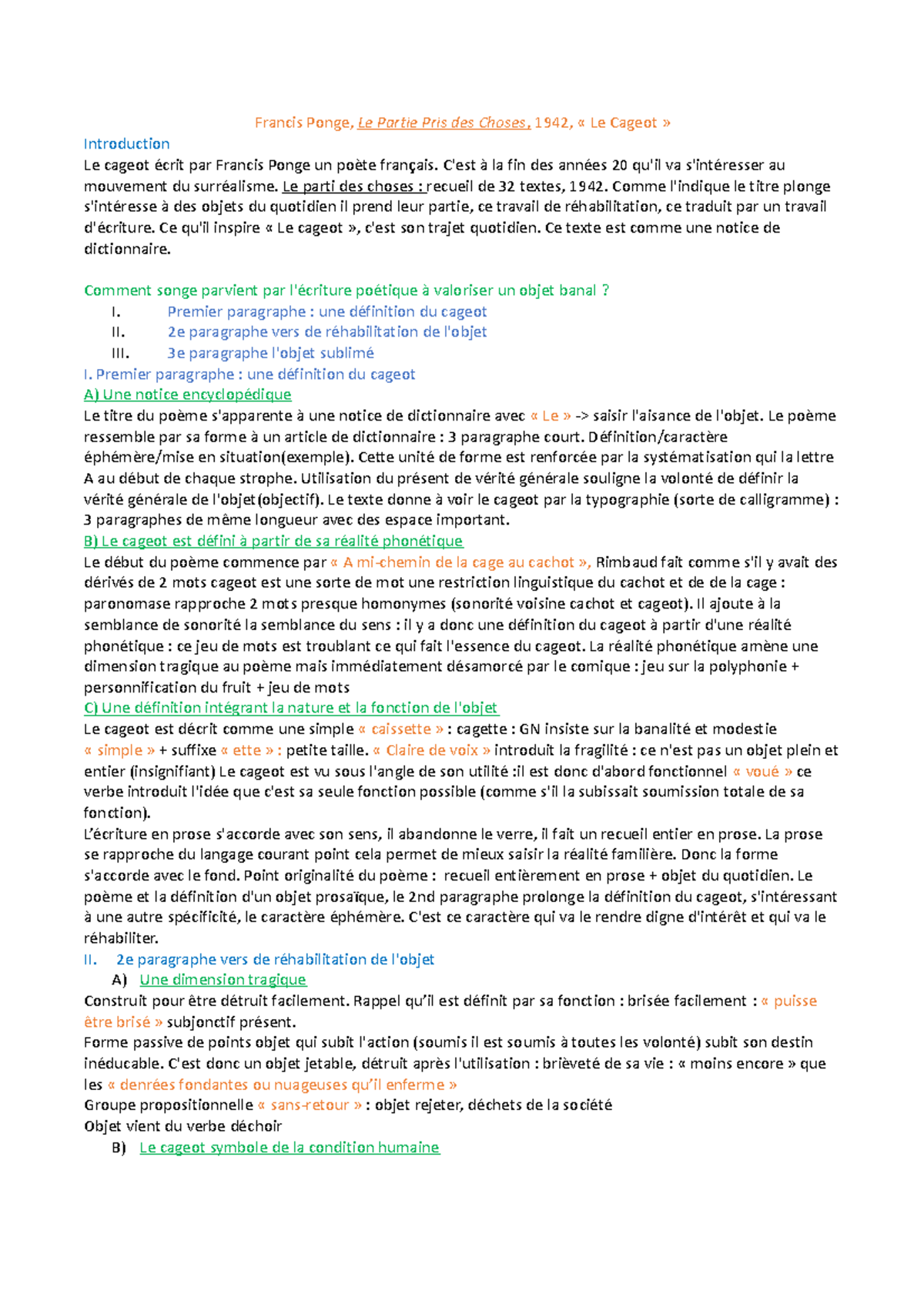 Fiche 15 - Francis Ponge, Le Cageot - Francis Ponge, Le Partie Pris des ...