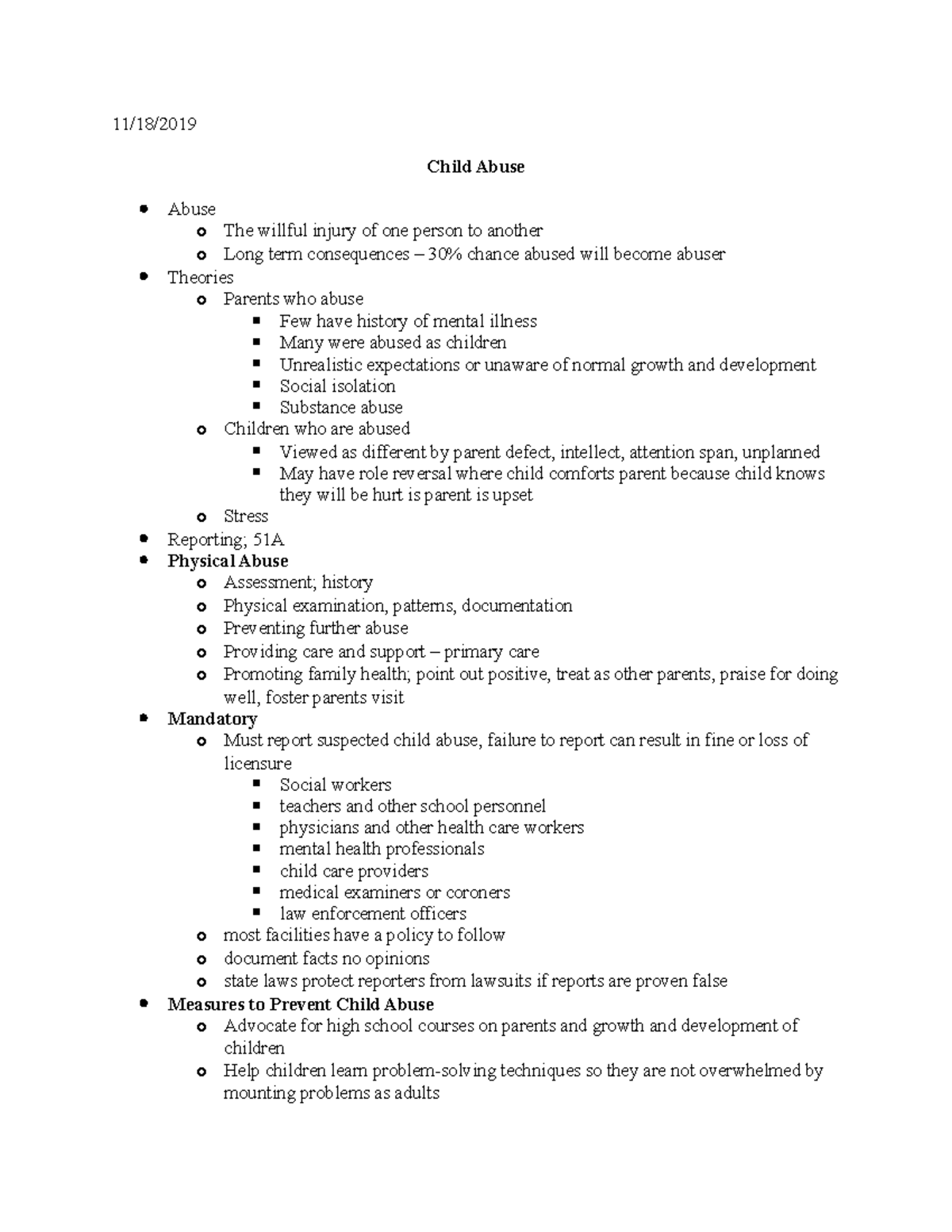 Child Abuse Lecture Notes - 11/18/ Child Abuse Abuse o The willful ...