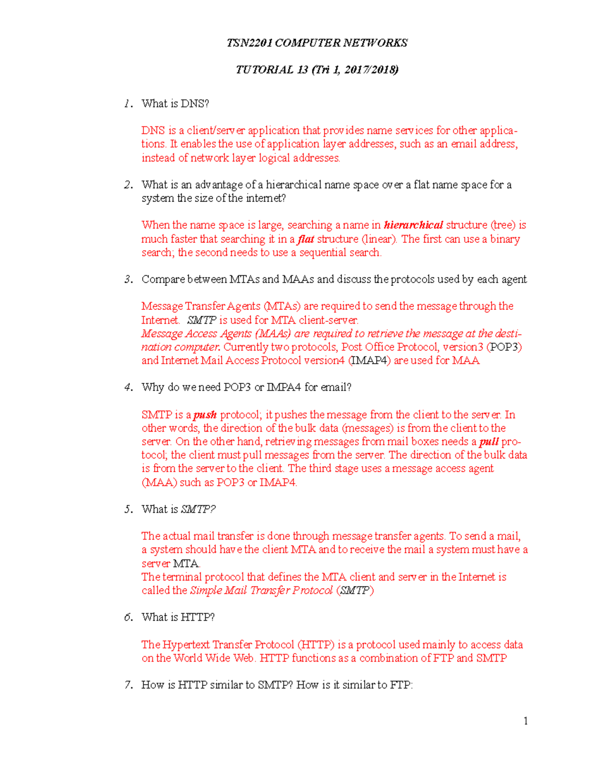 Tutorial 13 17Sol - solution - TSN2201 COMPUTER NETWORKS TUTORIAL 13 (Tri 1, 1. What is DNS? DNS ...