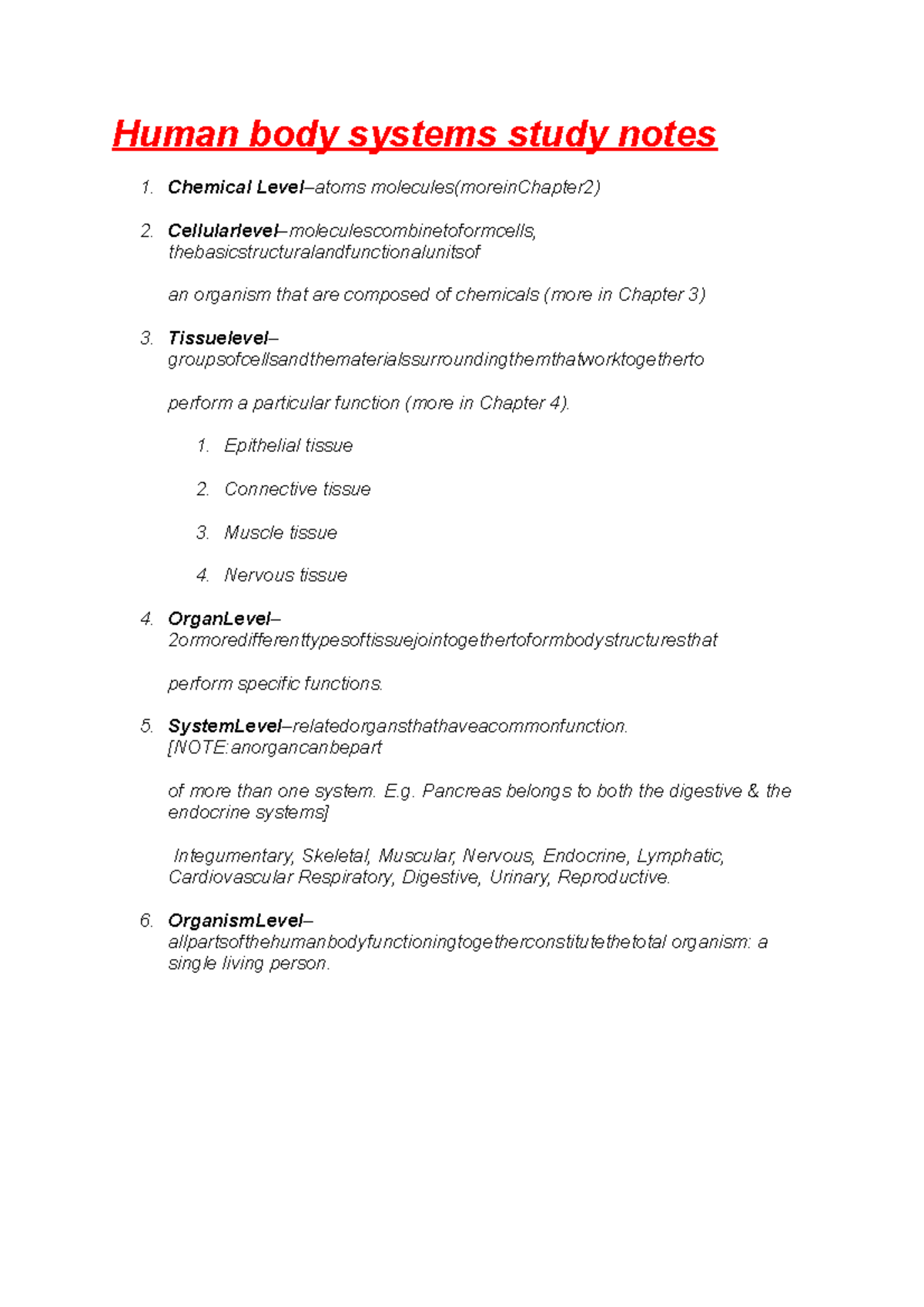Study notes human body 1 - Human body systems study notes 1. Chemical ...