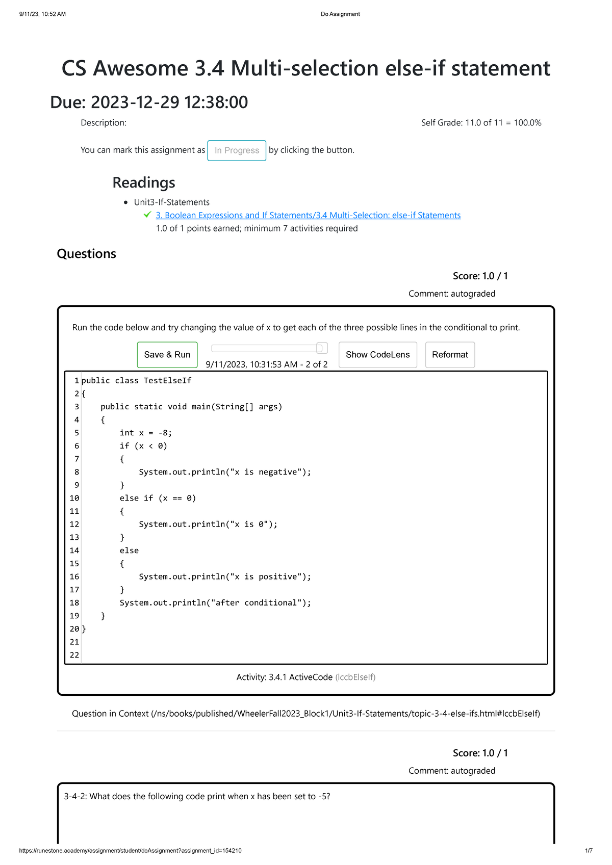 3.4 Multi-Selection else-if Statement - CSAwesome - Self Grade: 11 of ...