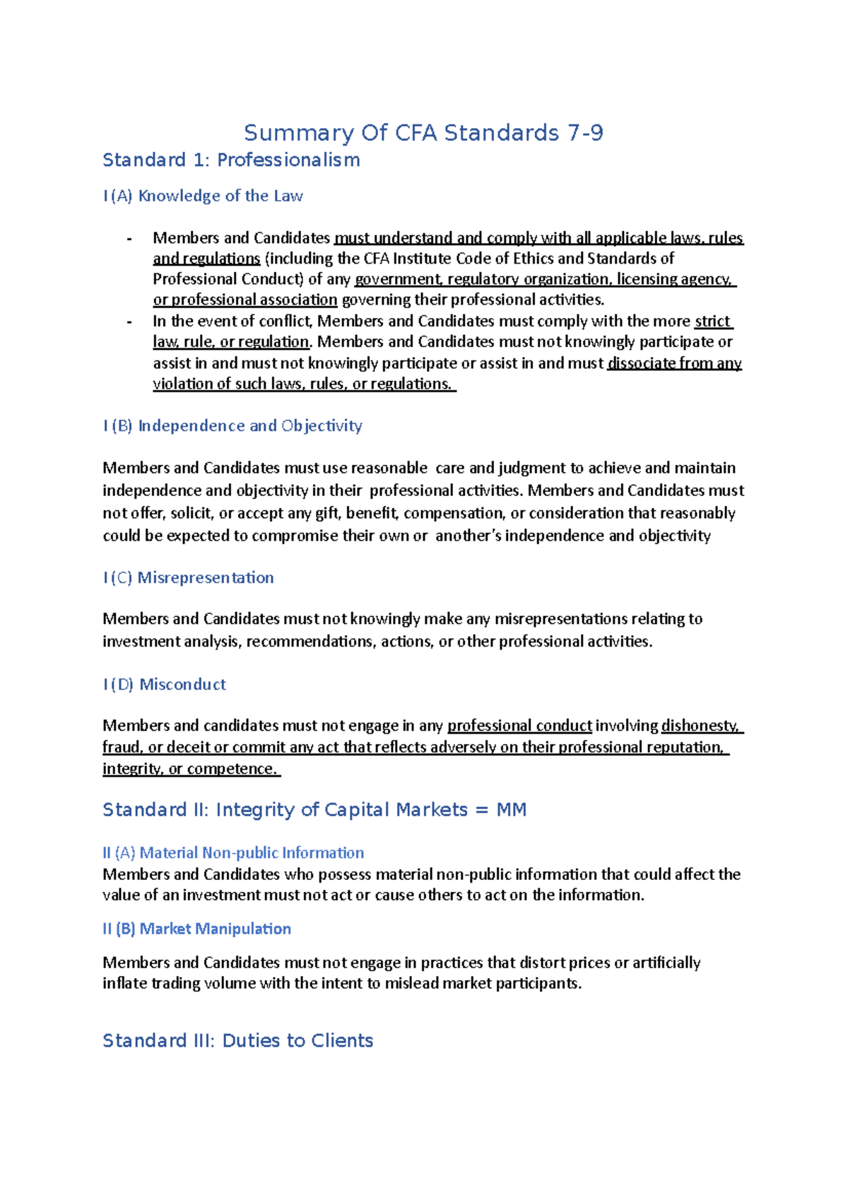 Summary Of CFA Standards 7-9 - Summary Of CFA Standards 7- Standard 1 ...