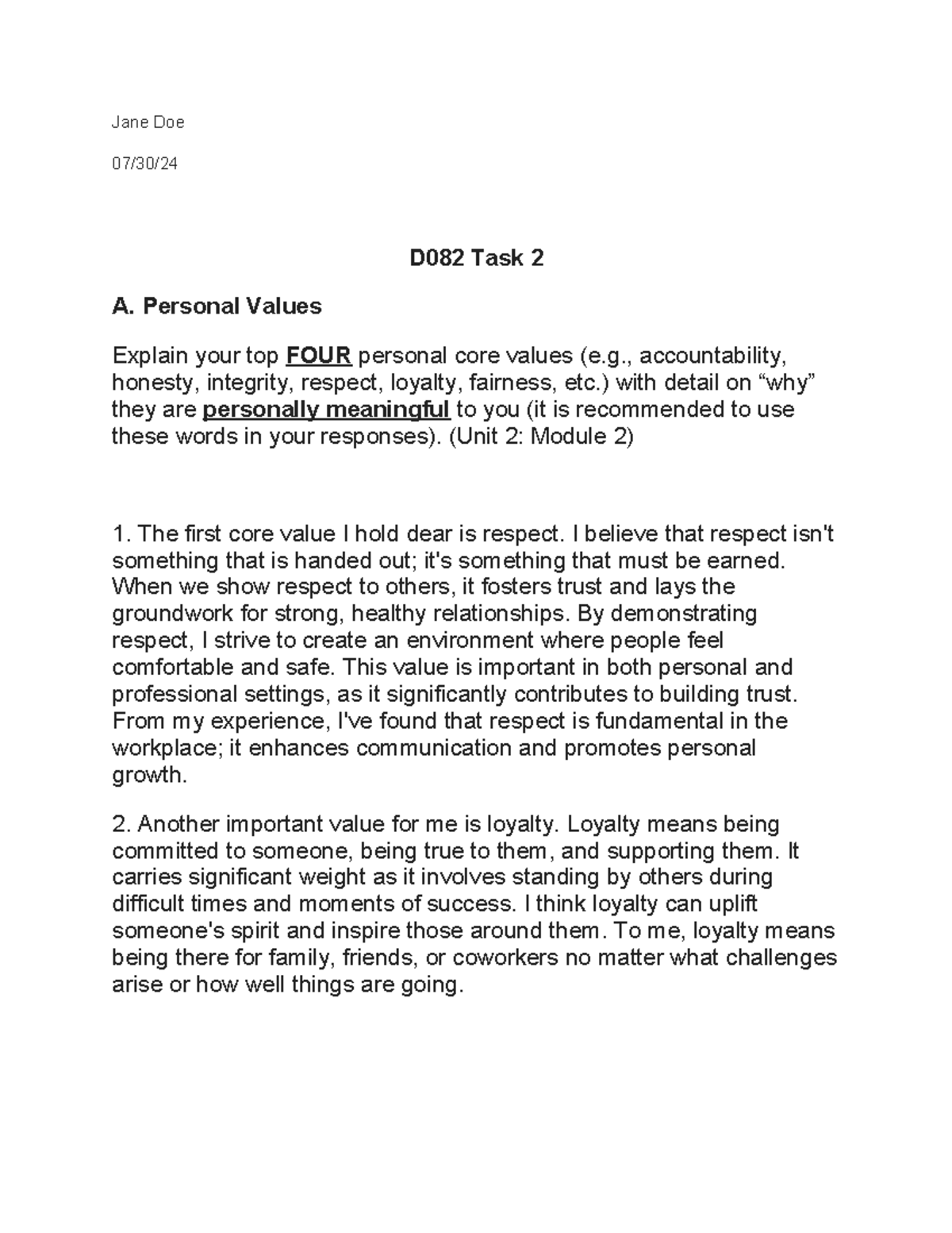 D082 Task 2 - Passed - Jane Doe 07/30/ D082 Task 2 A. Personal Values ...