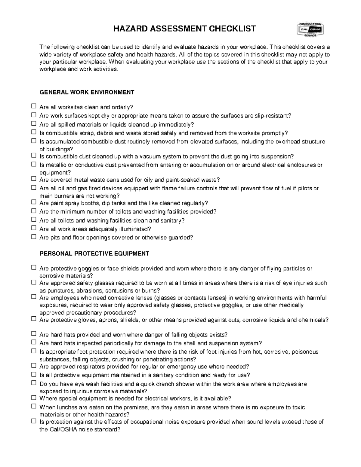 Hazard Assessment Checklist Cal OSHA - HAZARD ASSESSMENT CHECKLIST The ...