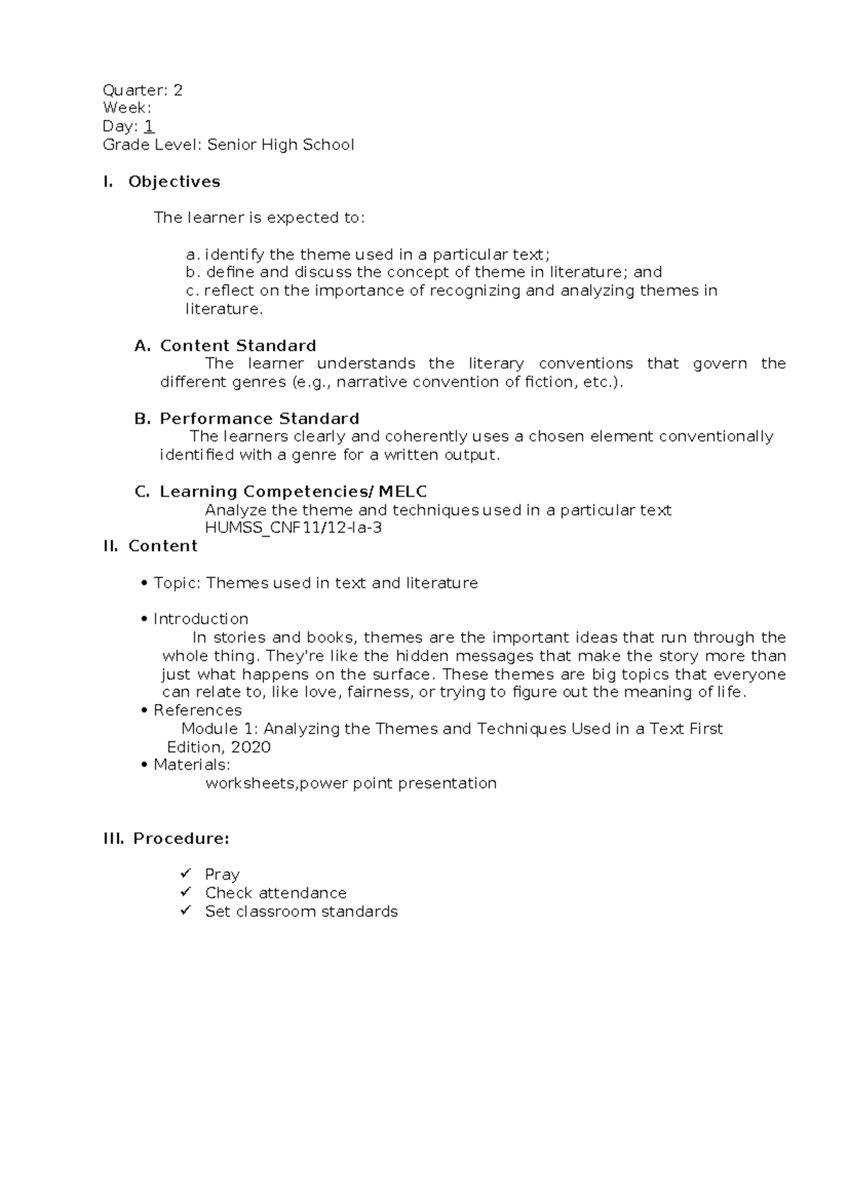 Day-1-Final - Quarter: 2 Week: Day: 1 Grade Level: Senior High School I ...