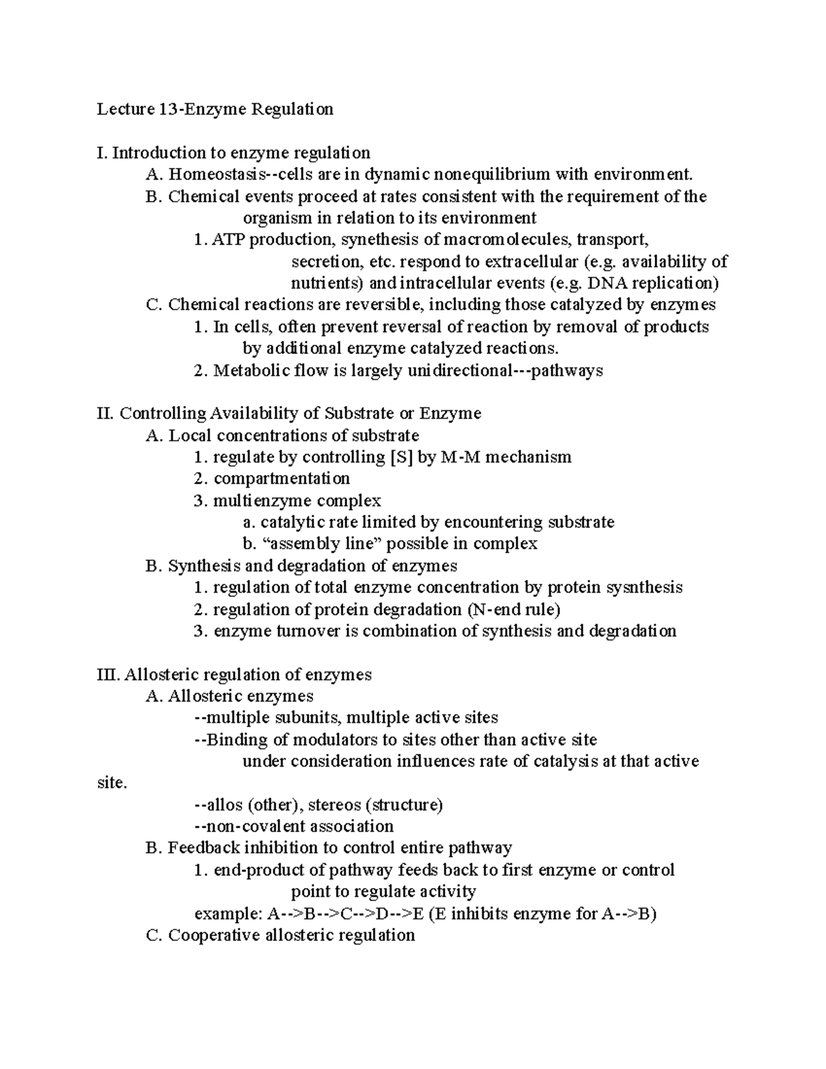 Biochemistry Lecture 13-18 Notes - Lecture 13-Enzyme Regulation I ...