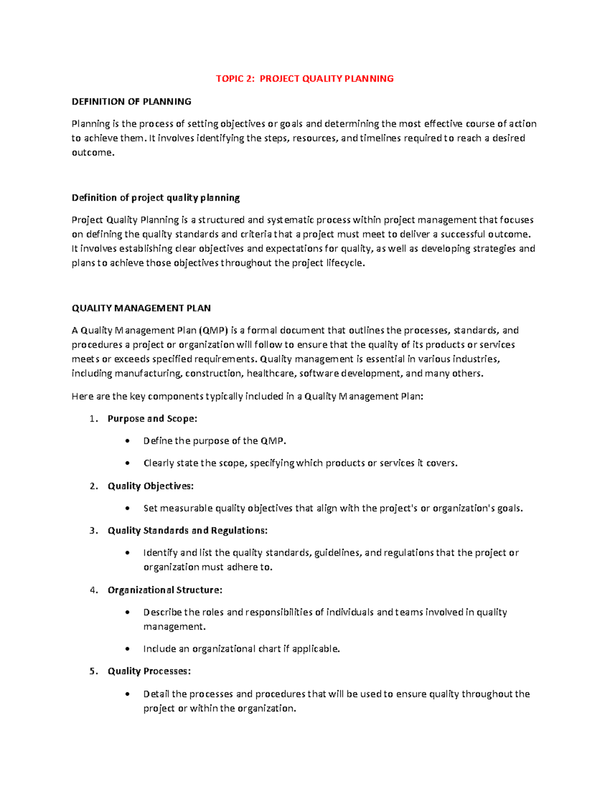 PQM Topic 2 - GOOD CONTENT - TOPIC 2: PROJECT QUALITY PLANNING ...