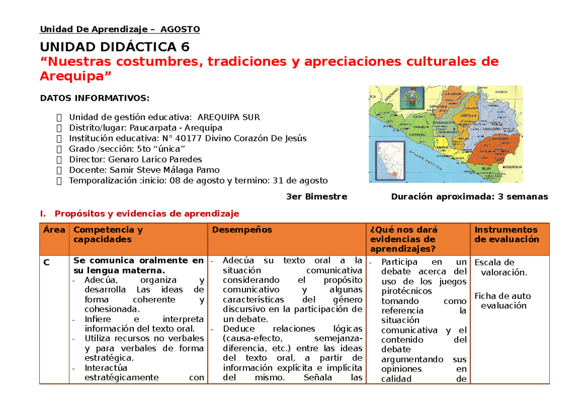 Unidad Didáctica Agosto - 5° - UNIDAD DIDÁCTICA 6 “Nuestras costumbres ...