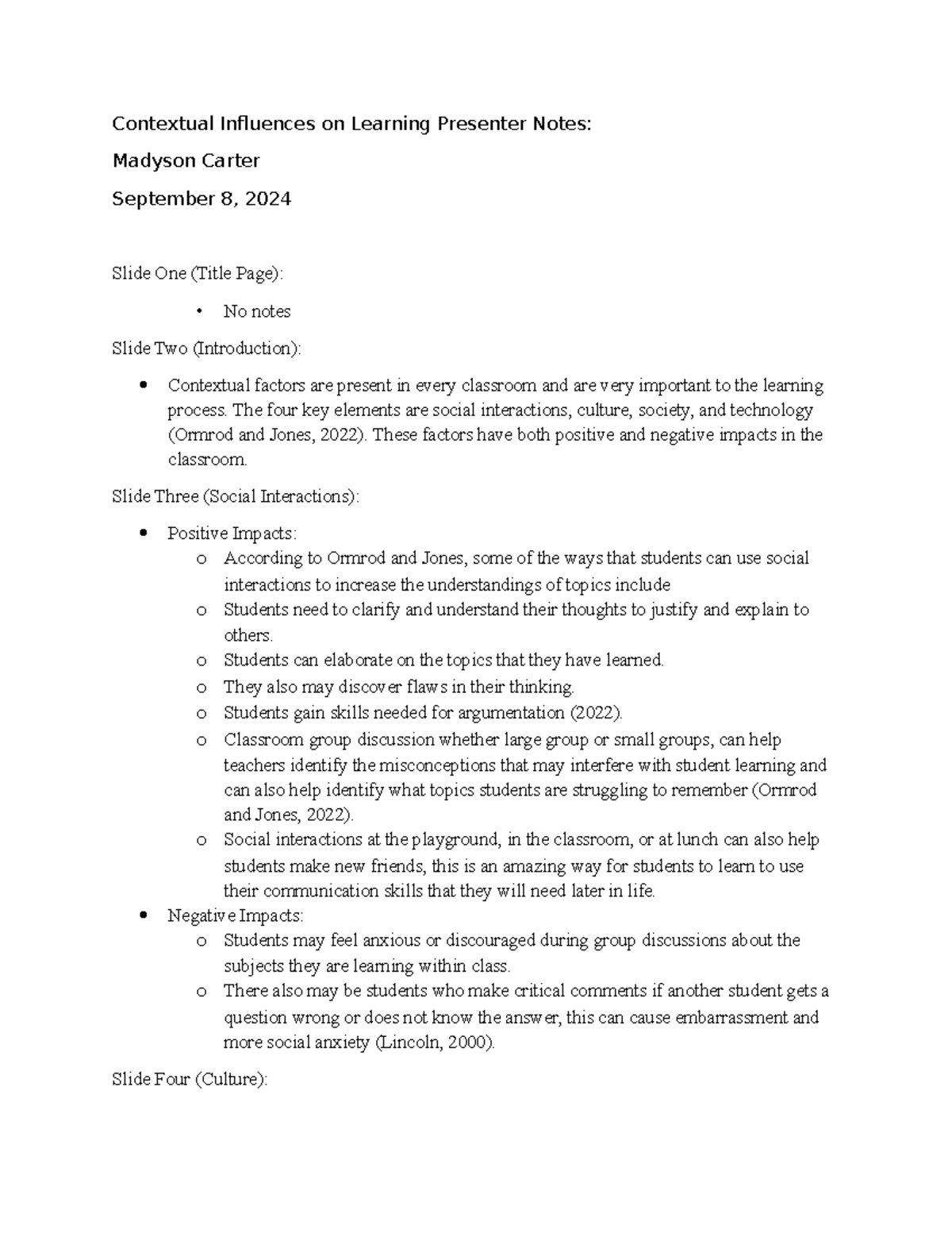 Contextual Influences on Learning Presenter Notes - The four key ...