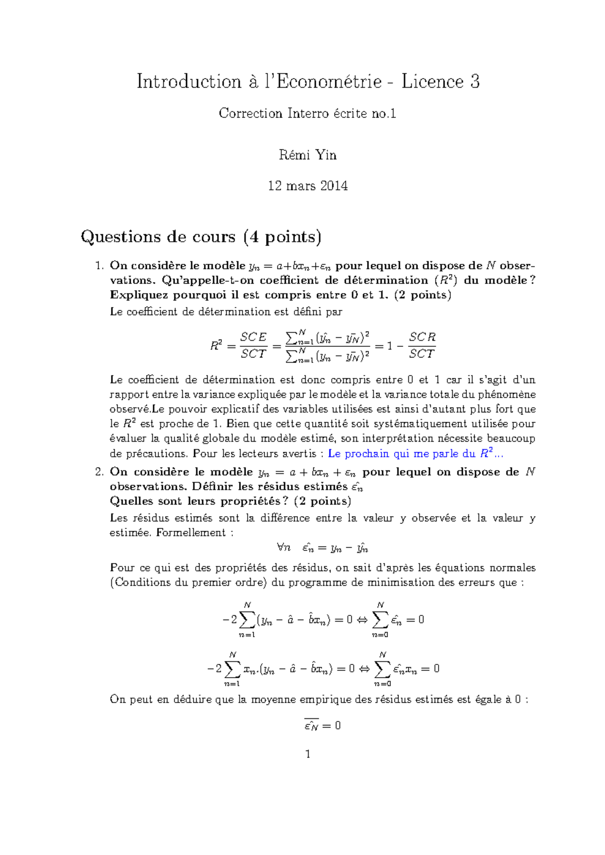 Correction-cc1 - Très bon doc - Introduction à l’Econométrie - Licence 3 Correction Interro ...