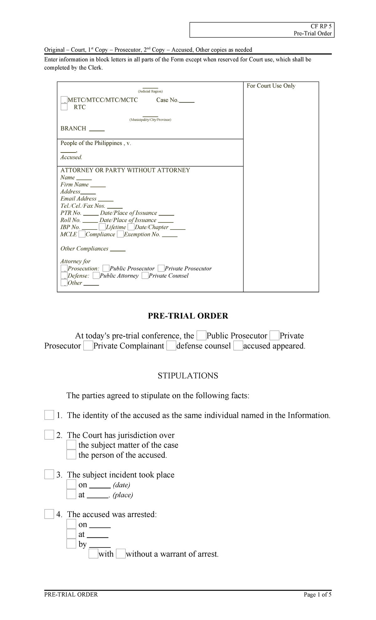 CF RP 5 Pre-Trial Order - Pre-Trial Order Original – Court, 1st Copy ...