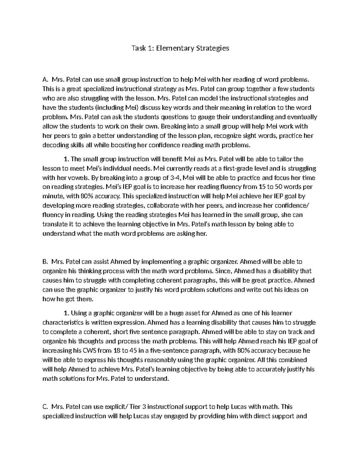 D152 - D152 Task 1-Passed - Task 1: Elementary Strategies A. Mrs. Patel ...