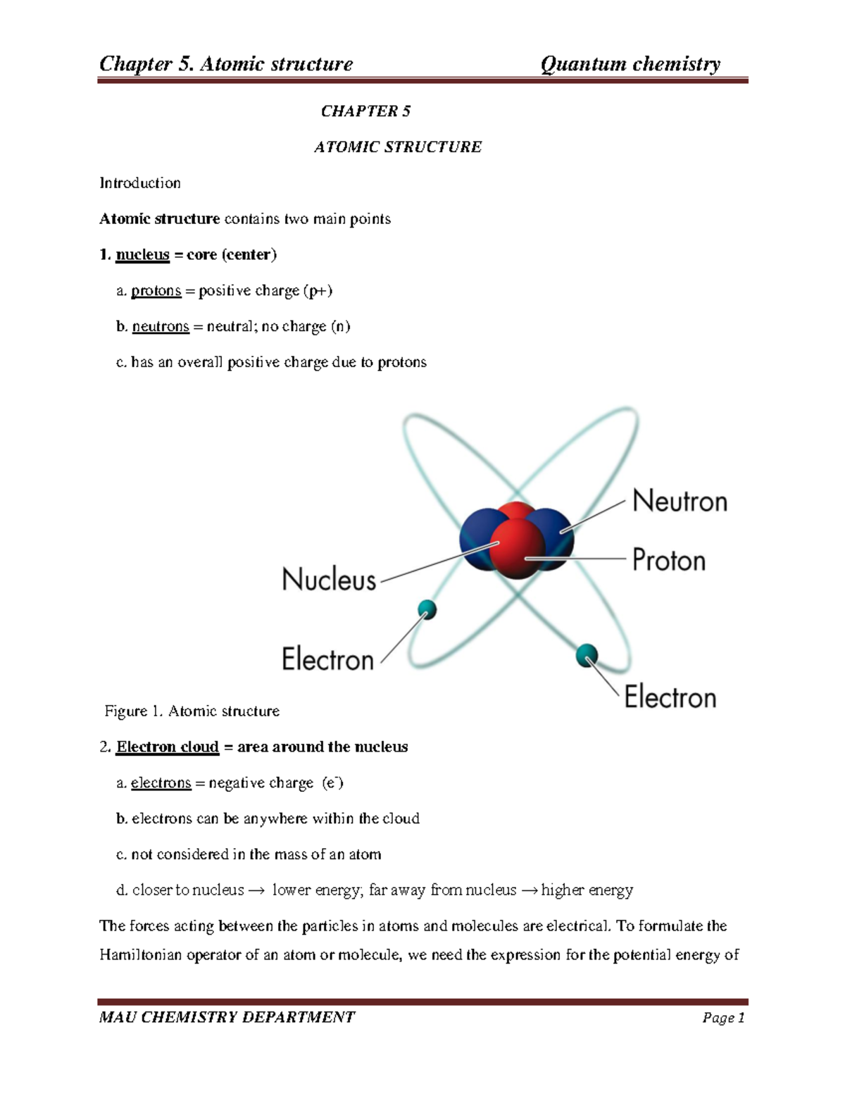 Quantum Chemistry Chapter five - ####### CHAPTER 5 ####### ATOMIC STRUCTURE ####### Introduction ...