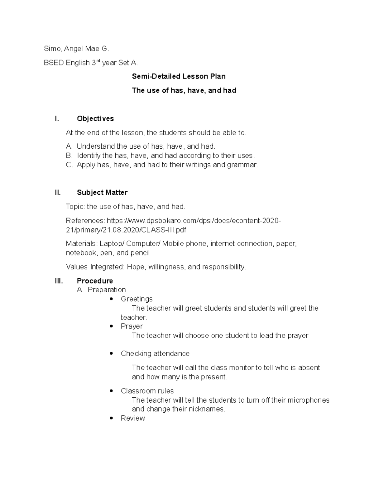 Simo, Semi-Detailed Lesson plan - Simo, Angel Mae G. BSED English 3rd ...