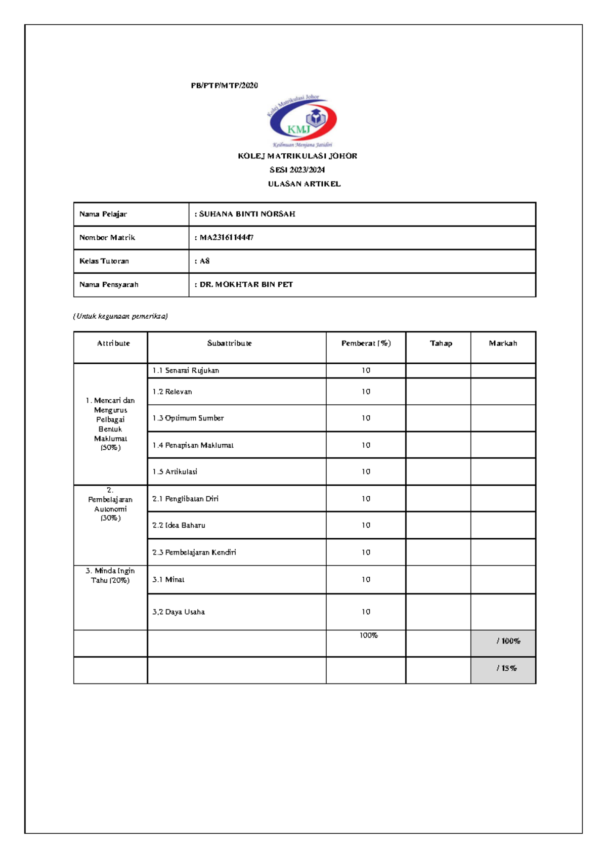 Ulasan Artikel AE025 - PB/PTP/MTP/ KOLEJ MATRIKULASI JOHOR SESI 2023 ...
