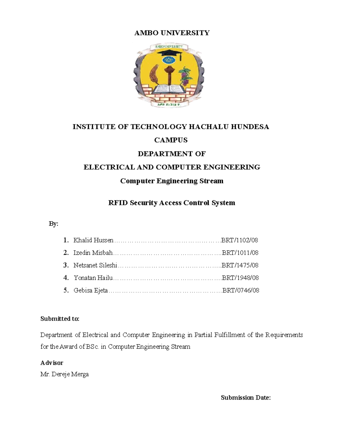 Final RFID Based Smart Security System - AMBO UNIVERSITY INSTITUTE OF ...