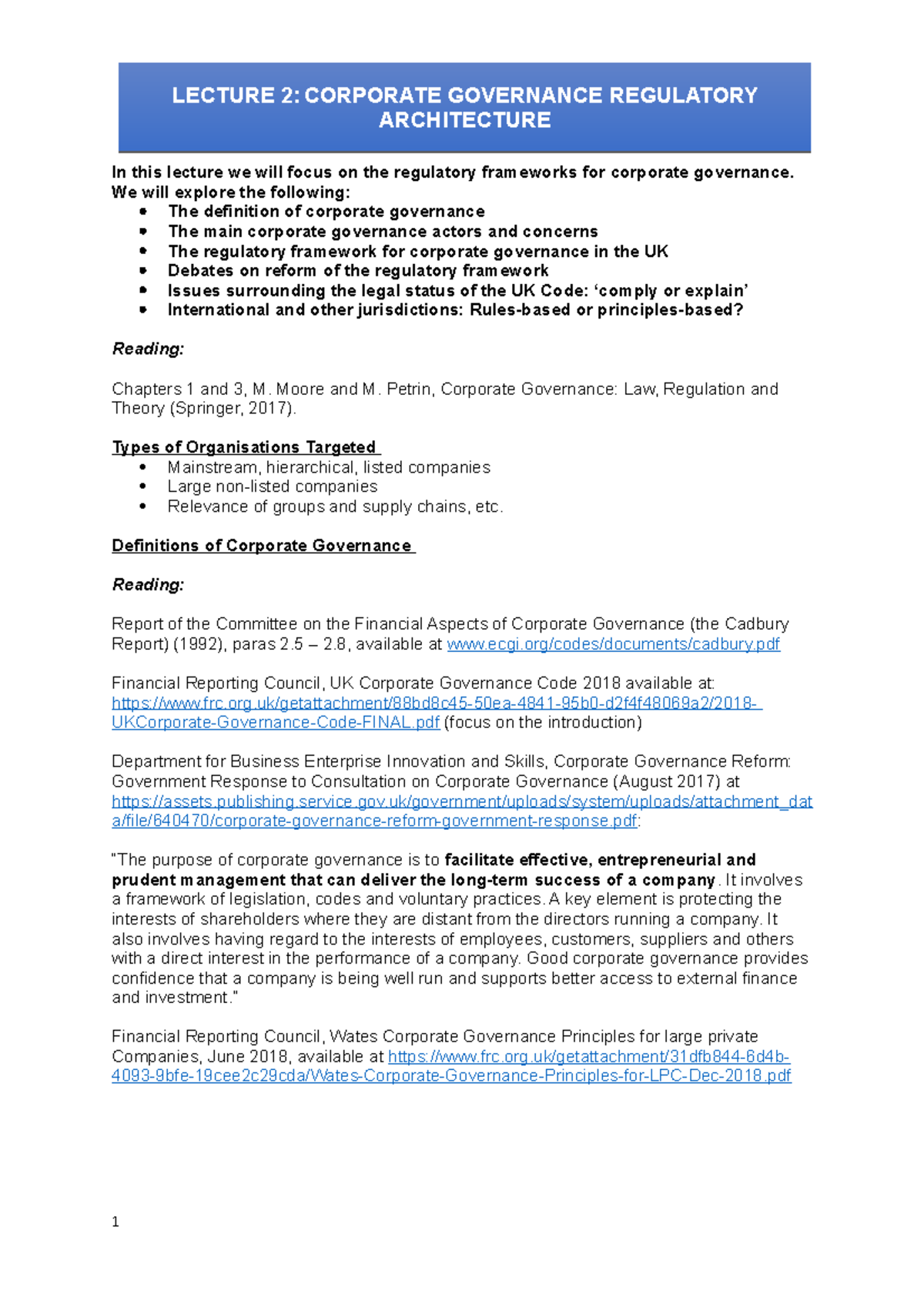 Lecture 2 Handout - In this lecture we will focus on the regulatory frameworks for corporate ...