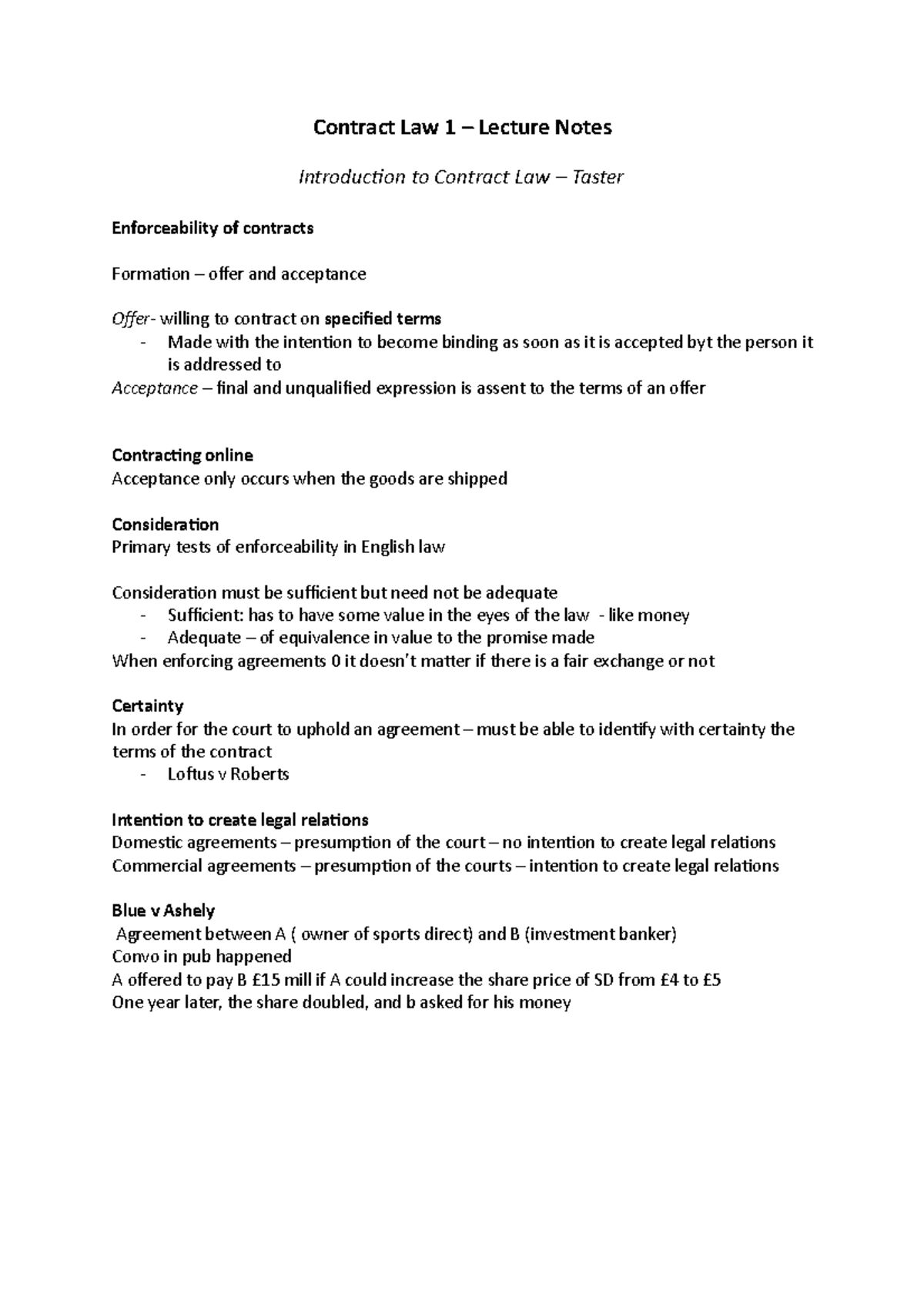 Offer and Acceptance - Contract Law 1 – Lecture Notes Introduction to ...