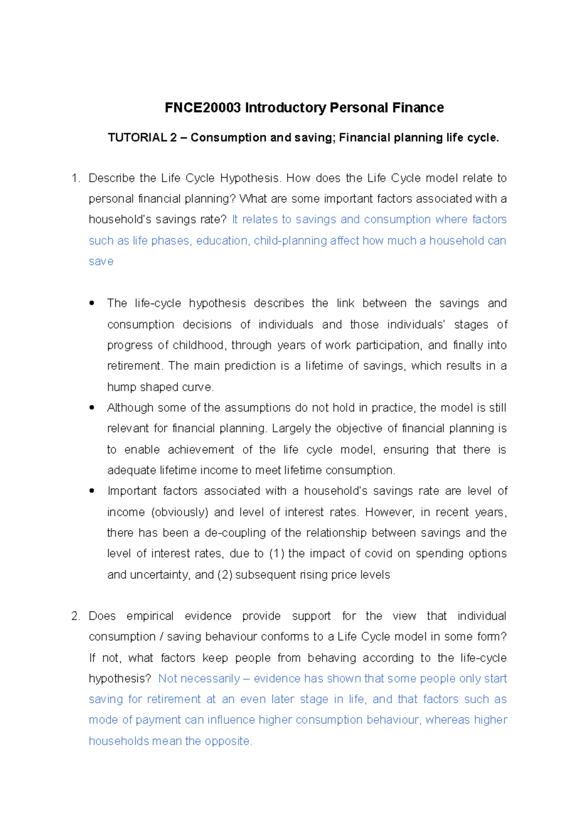 IPF Week 2 Tutorial Answers - FNCE20003 Introductory Personal Finance ...